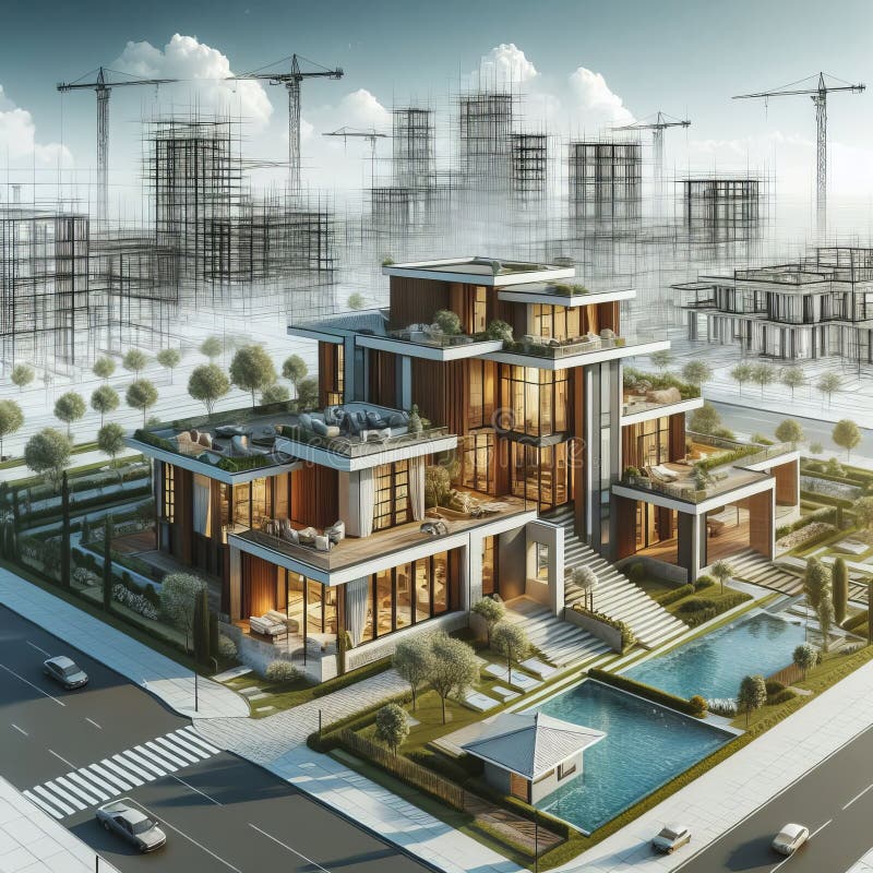 Modern Homes with Wooden Design Amidst a Construction Site, Showcasing ...