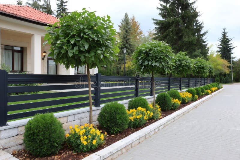Modern Horizontal Slat Fence with Flowerbed and Trees Bordering a Paved ...
