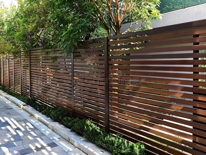 Modern Horizontal Slat Fence Provides Privacy Stock Photo - Image of ...