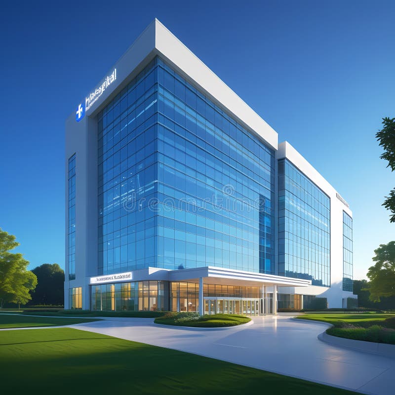 Modern Hospital Building with a Sleek Design, Featuring a Glass Facade ...