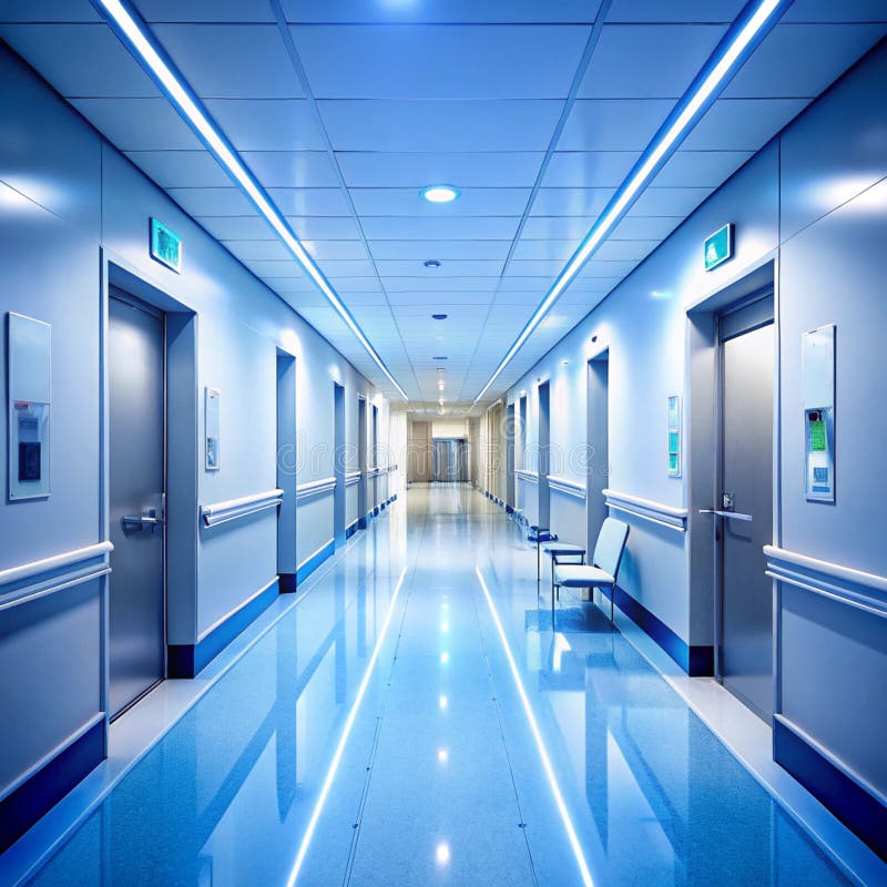 Modern Hospital Corridor, Bathed in Cool Blue Light Stock Illustration ...