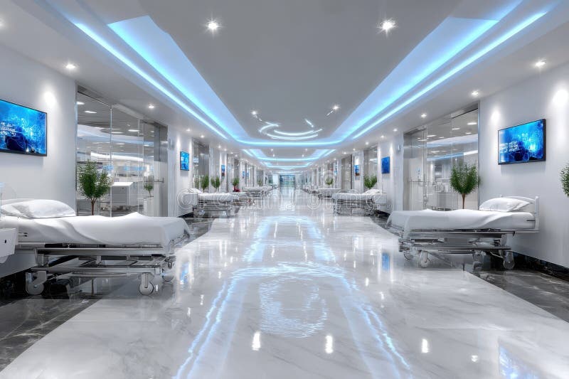 Modern Hospital Corridor Featuring Empty Patient Beds and Bright ...