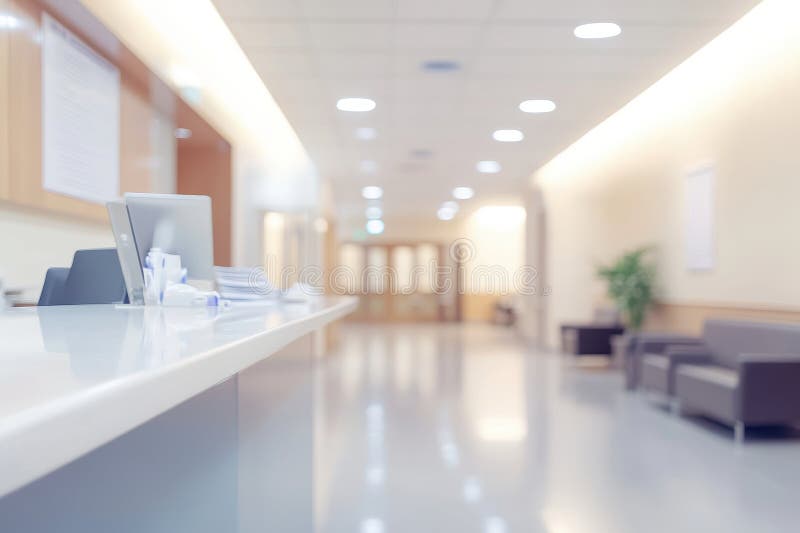 A Modern Hospital Corridor with a Reception Desk and Seating Area Stock ...