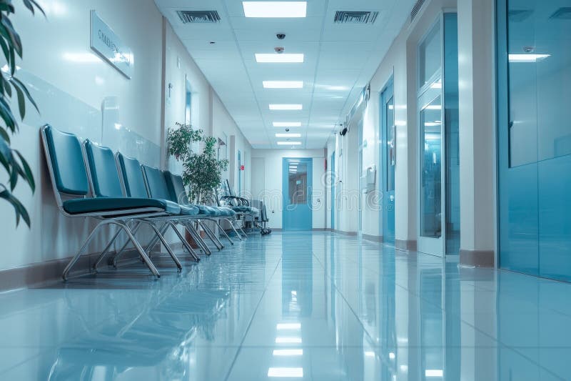 Modern Hospital Hallway with Glass Partitions and Chairs Stock Photo ...