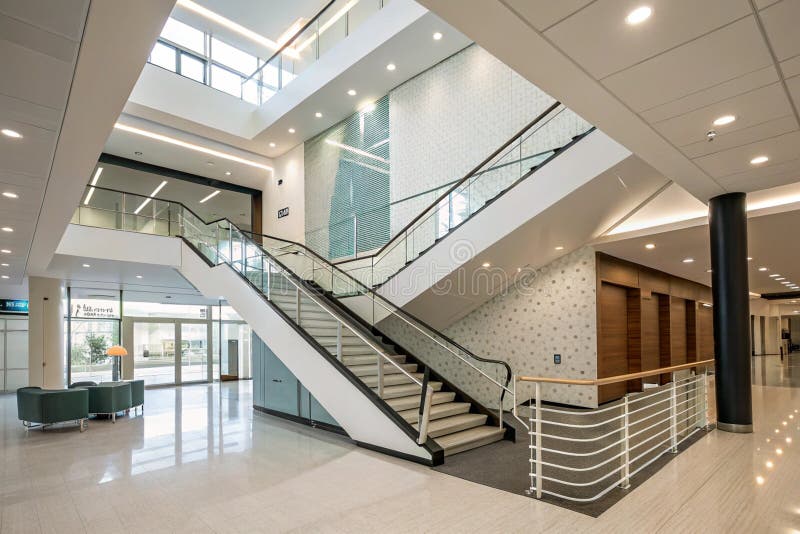 Modern Hospital Interior with Striking Staircase Stock Illustration ...