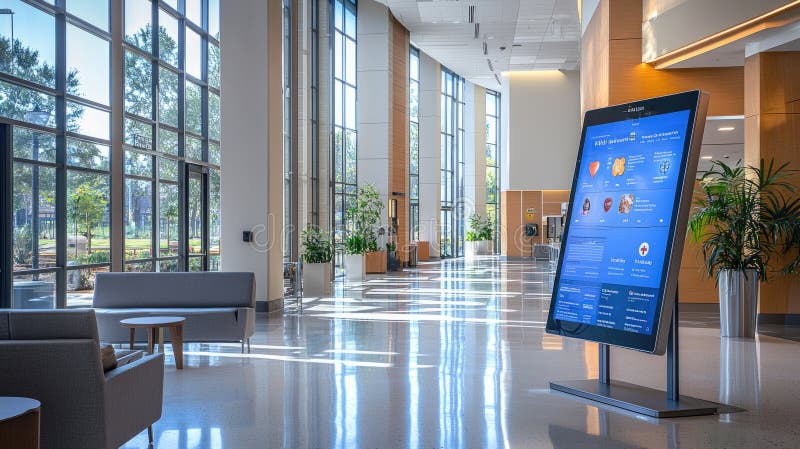 Modern Hospital Lobby with Interactive Kiosk and Sunlit Interiors Stock ...