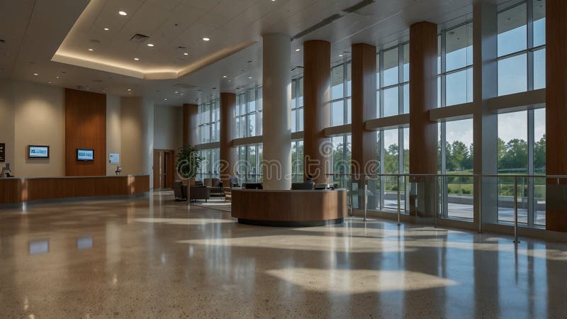 Modern Hospital Lobby with Large Windows and Reception Stock ...