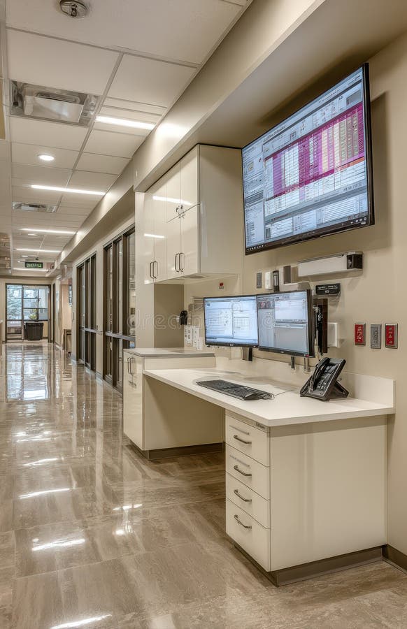 Modern Hospital Nurse Station Featuring Computers and Data Displaying ...