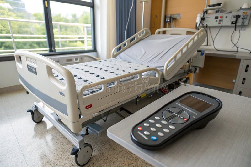 Modern Patient Bed with Remote Control in Hospital Room Stock ...