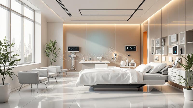 Modern Hospital Room with Smart Technology and Minimalist Design Stock ...