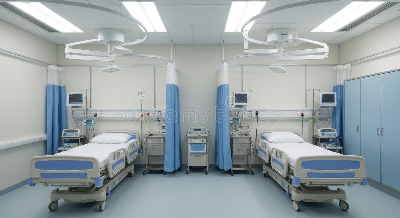 Modern Hospital Room with Two Empty Beds and Medical Equipment Stock ...