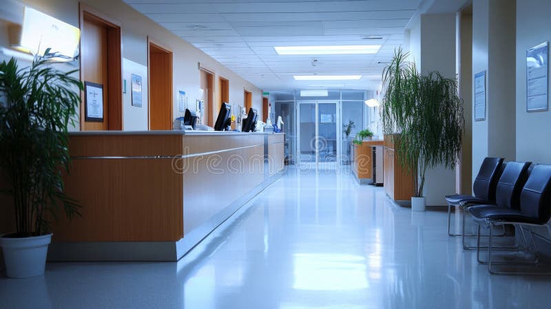 A Modern Hospital Waiting Area with a Reception Desk and Seating Stock ...
