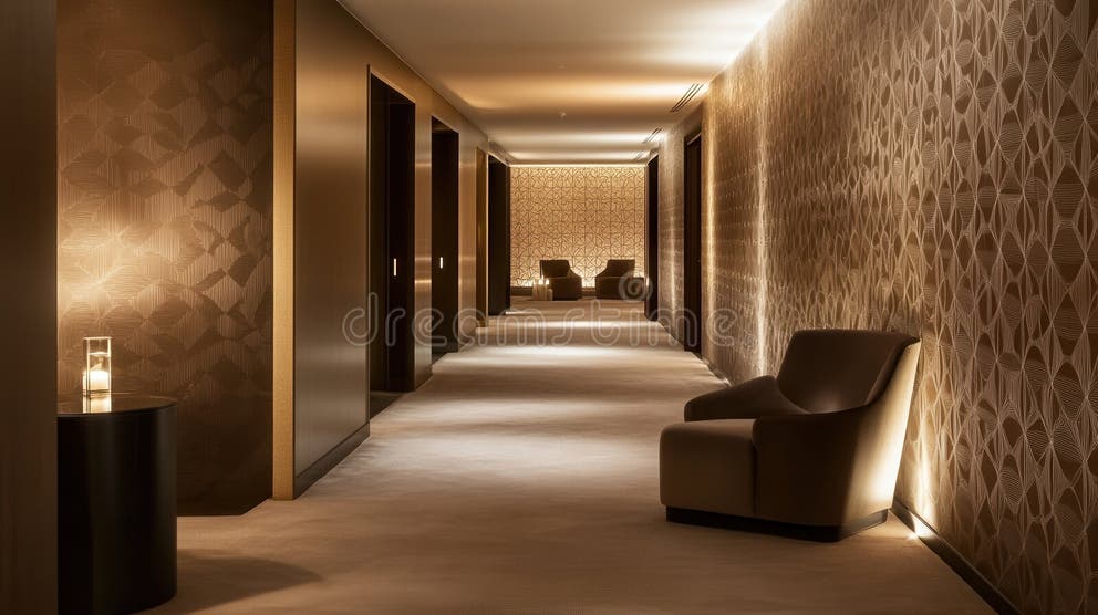 A Modern Hotel Corridor with Elegant Lighting and Minimalist Design ...