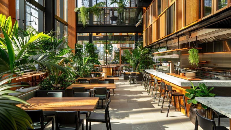 Modern Hotel Dining Area Featuring Indoor Garden and Interactive ...
