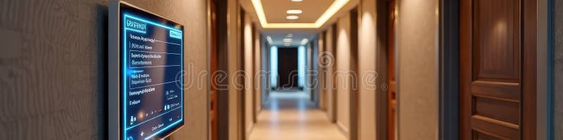 Modern Hotel Hallway with Digital Directory Screen Stock Image - Image ...