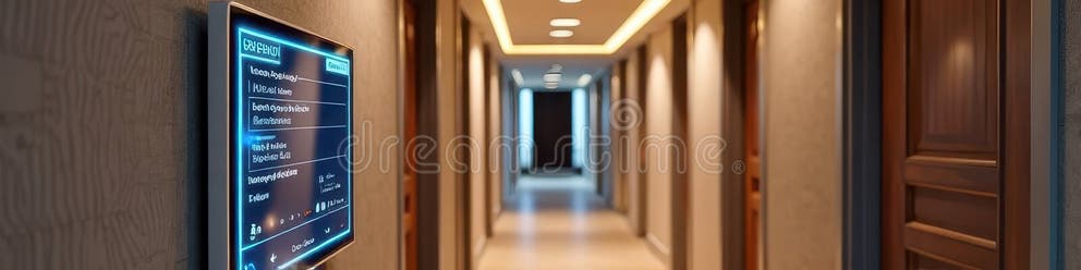 Modern Hotel Hallway with Digital Directory Screen Stock Image - Image ...