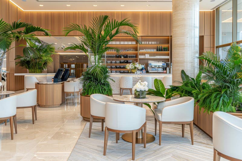 Modern Hotel Lobby with Cafe, Reception, and Stylish Greenery Design ...