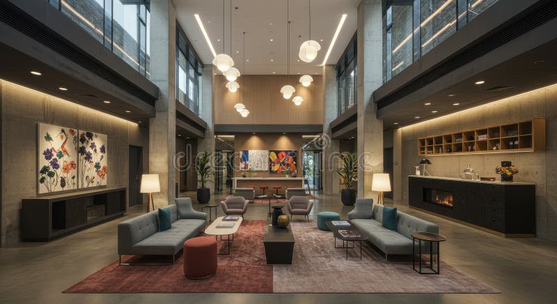 Modern Hotel Lobby with Contemporary Art and Sleek Interior Design ...