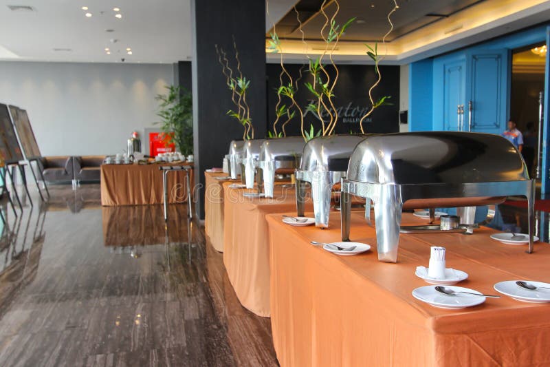 Modern Hotel Lobby or Convention Center with Elegant Buffet Setup Stock ...