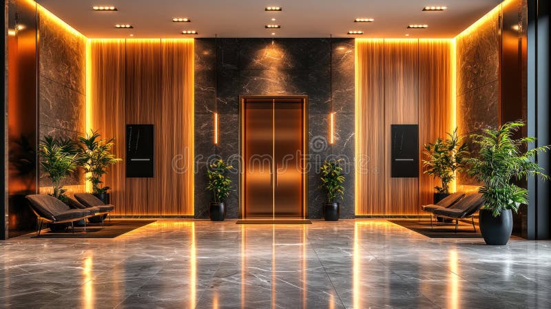 Modern Hotel Lobby with Elevator, Seating, and Plants Stock ...