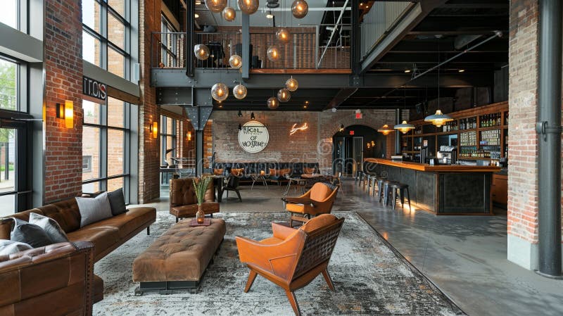 Modern Hotel Lobby Featuring Industrial Chic Design Stock Illustration ...