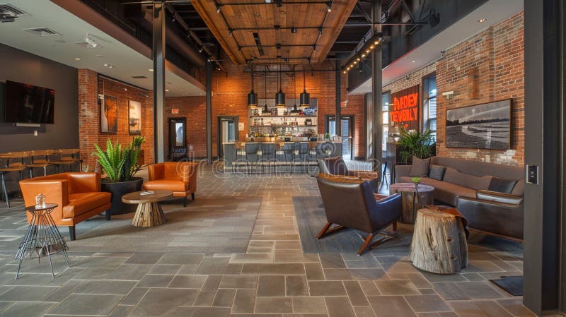 Modern Hotel Lobby Featuring Industrial Chic Design Stock Illustration ...