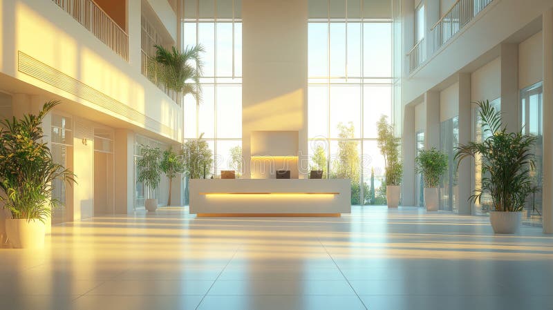 In the Modern Hotel Lobby, the Front Desk is Positioned in the Middle ...