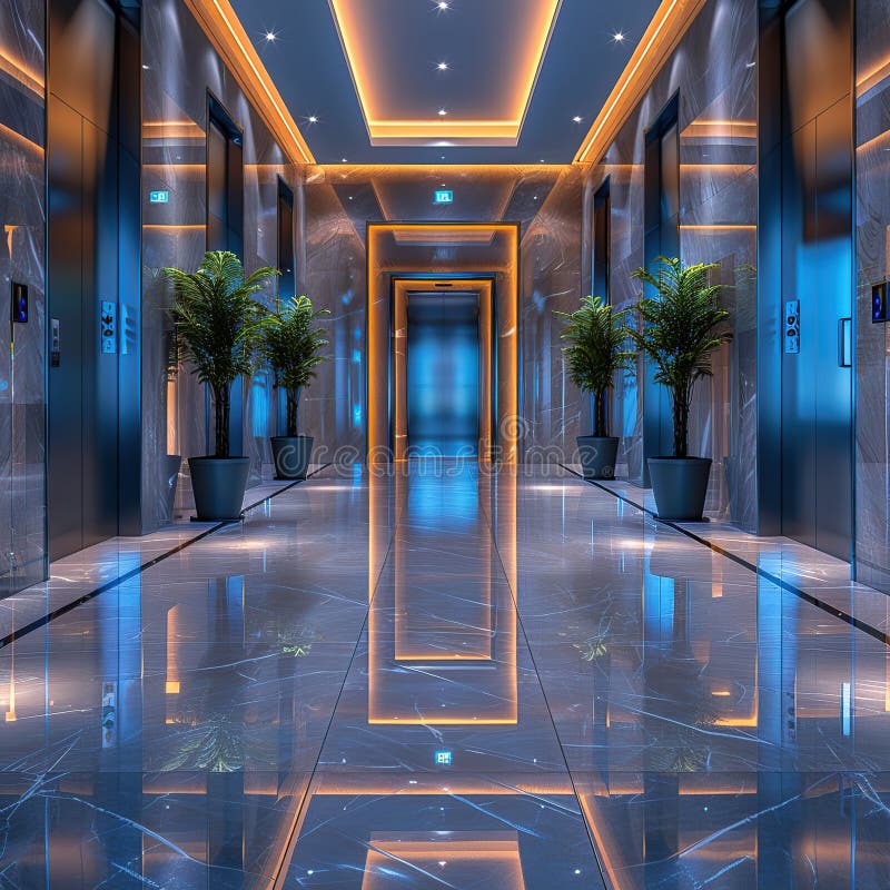 Modern Hotel Lobby Interior Design with Elevators Stock Illustration ...