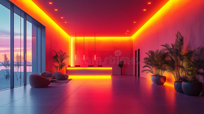 Modern Hotel Lobby Interior Design with Neon Lighting, a Reception Desk ...