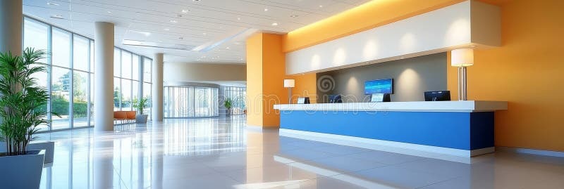 Modern Hotel Lobby Interior Design with Reception Desk, Blue and Yellow ...
