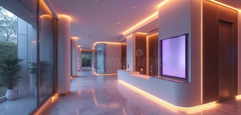 Modern Hotel Lobby Interior Features Sleek White Reception Desk with ...