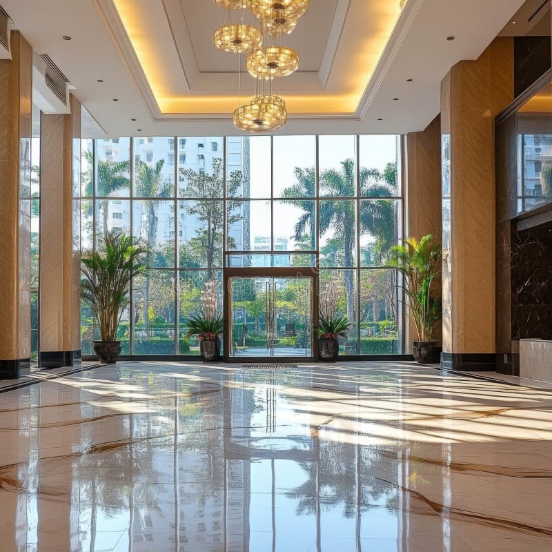 Modern Hotel Lobby Interior with Large Windows, Marble Floor, and Green ...