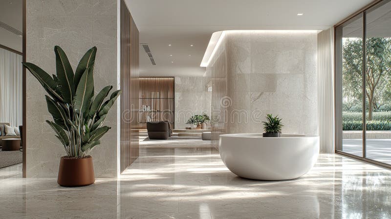 Modern Hotel Lobby Interior with Plants, Seating, and Outdoor View ...