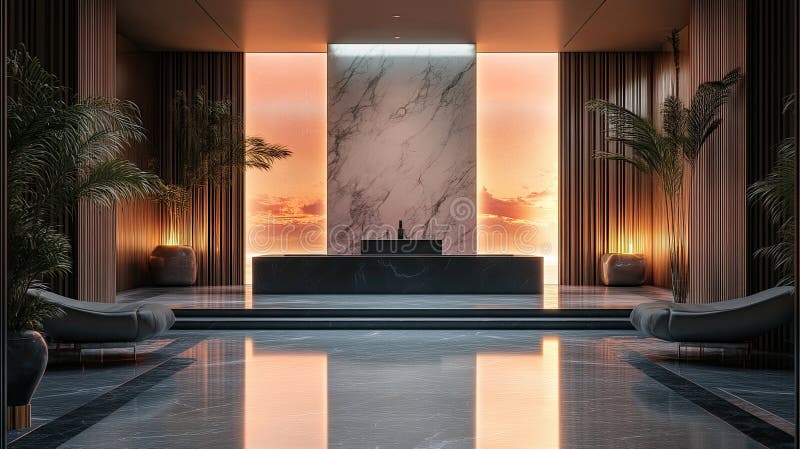 Modern Hotel Lobby Interior with Sunset View Stock Illustration ...