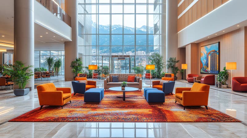 Modern Hotel Lobby with Mountain View Stock Illustration - Illustration ...