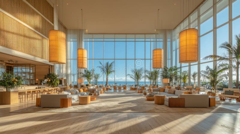 Modern Hotel Lobby with Ocean View, Lounge Area, Natural Light Stock ...