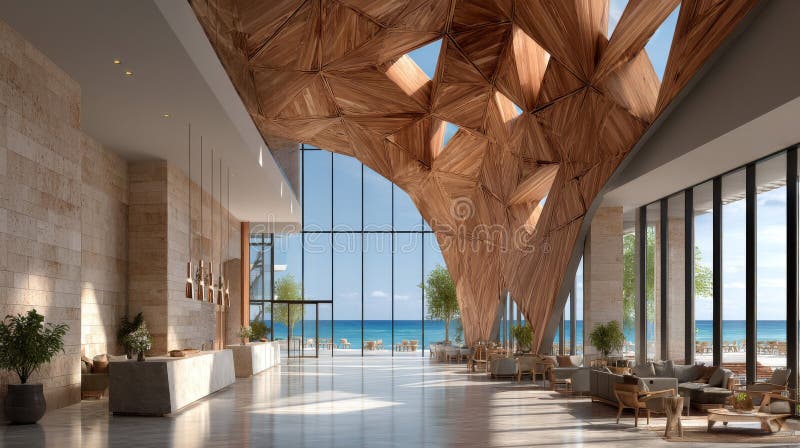 Modern Hotel Lobby with Ocean View and Wooden Ceiling Stock ...