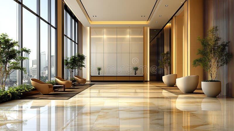 Modern Hotel Lobby with Panoramic City Views Stock Illustration ...
