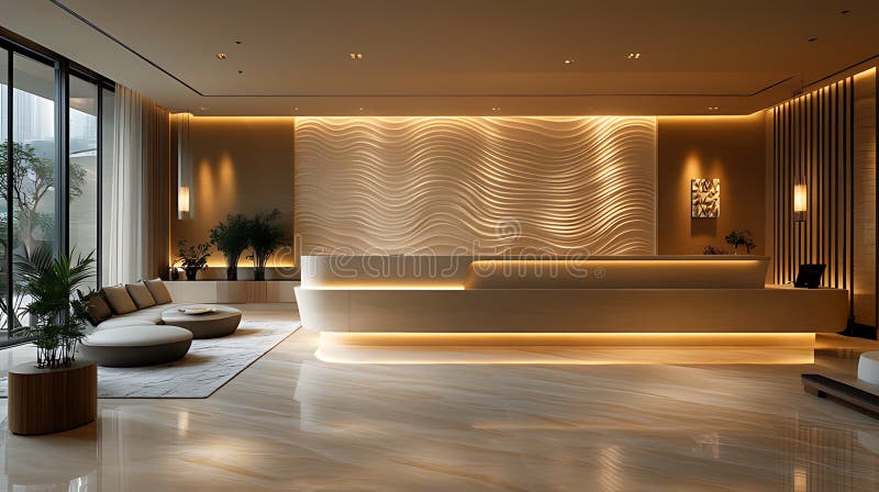 Modern Hotel Lobby Reception Desk, City View Stock Illustration ...