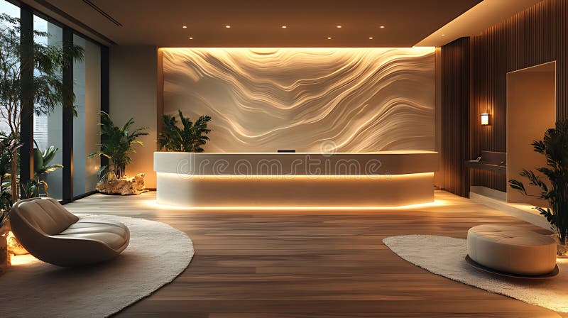 Modern Hotel Lobby Reception Desk, City View, Warm Lighting Stock ...