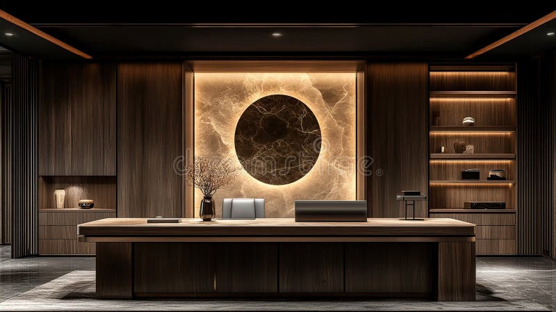 Modern Hotel Lobby Reception Desk, Marble Wall, Night Stock Photo ...