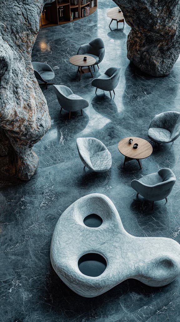 Modern Hotel Lobby with Stone Decor, Seating Area, and Library View ...