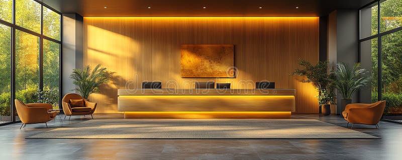 Modern Lobby with Warm Lighting, Sleek Reception Desk, and Comfortable ...