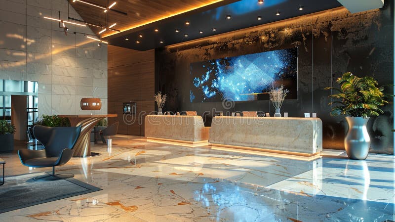 Modern Hotel Reception Area Featuring Interactive Touch Screens and ...