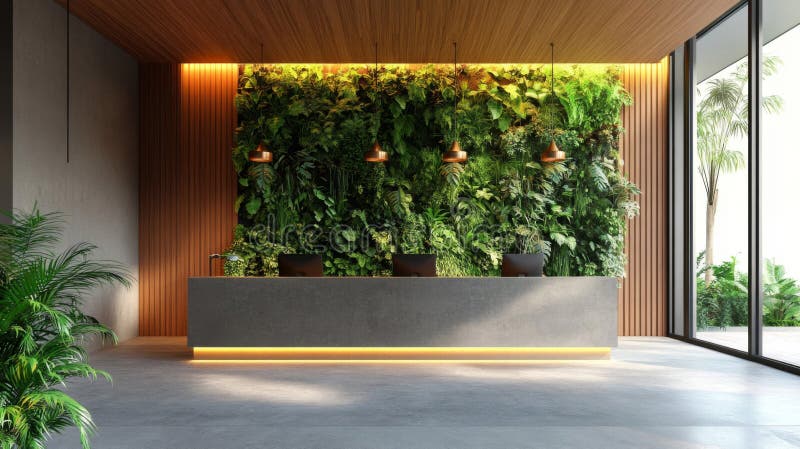 Modern Hotel Reception Area with Green Living Wall Stock Illustration ...