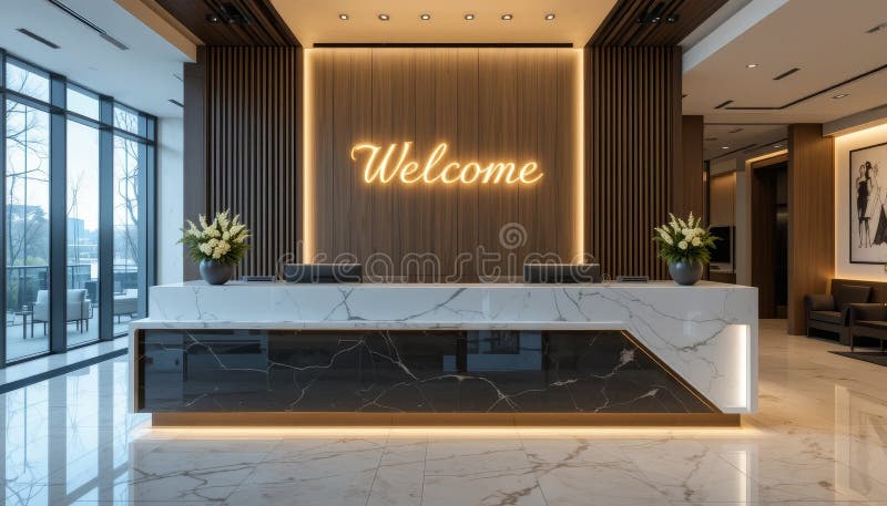 Modern Hotel Reception Area with "Welcome" Glowing Signage Stock ...