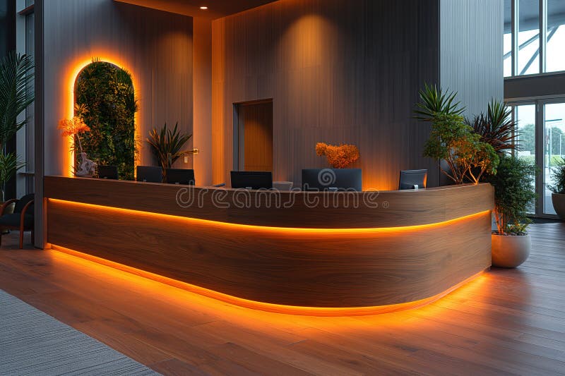 Modern Hotel Reception Desk with Orange Lights and Plants Stock ...