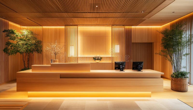 Modern Hotel Reception Desk Made of Light Wood and Illuminated from the ...