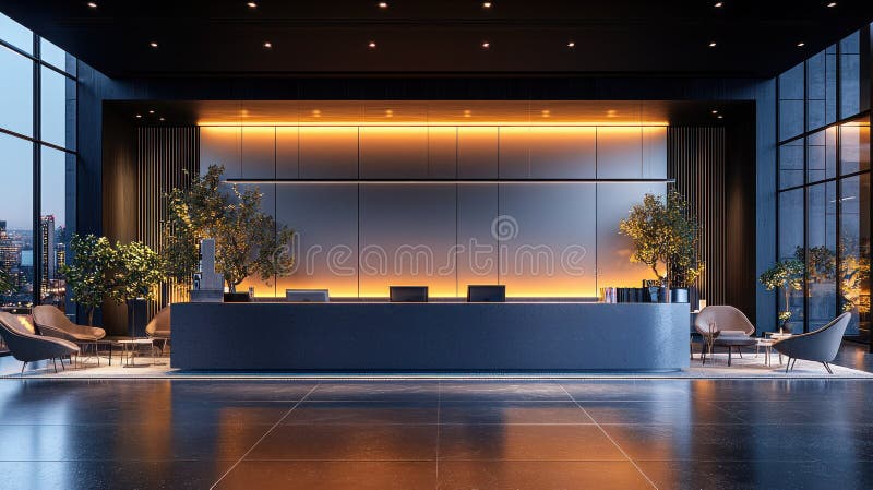 Modern Hotel Reception Desk at Night with City View Stock Illustration ...