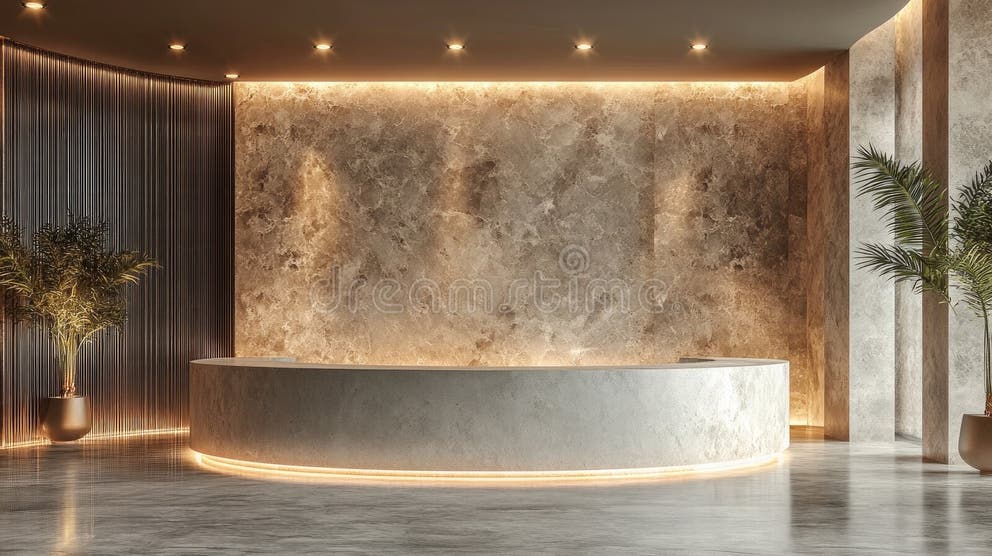 Modern Hotel Reception Desk with Stone Wall and Warm Lighting Stock ...